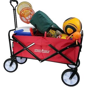 SPEEDFORCE Collapsible Folding Wagon, Utility Beach Wagon Cart, Side Pockets and Adjustable Handlebar, All Terrain Stroller Wagon for Outdoor Activities, Camping, Garden. Red