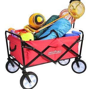 SPEEDFORCE Collapsible Folding Wagon, Utility Beach Wagon Cart, Side Pockets and Adjustable Handlebar, All Terrain Stroller Wagon for Outdoor Activities, Camping, Garden. Red