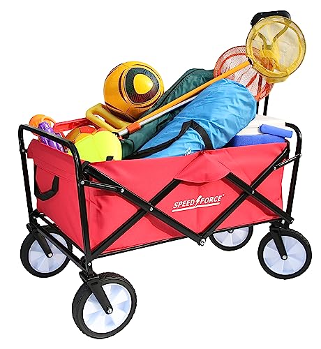 SPEEDFORCE Collapsible Folding Wagon, Utility Beach Wagon Cart, Side Pockets and Adjustable Handlebar, All Terrain Stroller Wagon for Outdoor Activities, Camping, Garden. Red