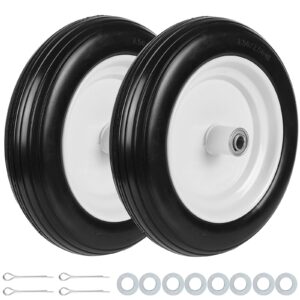 13" 3.50-8" solid flat free tires and wheels 2 pack, rubber tire replacement with 5/8" axle bore hole, air less wheel for hand truck/trolley/garden cart/lawn mower/wheelbarrow, 2p, black, 13in