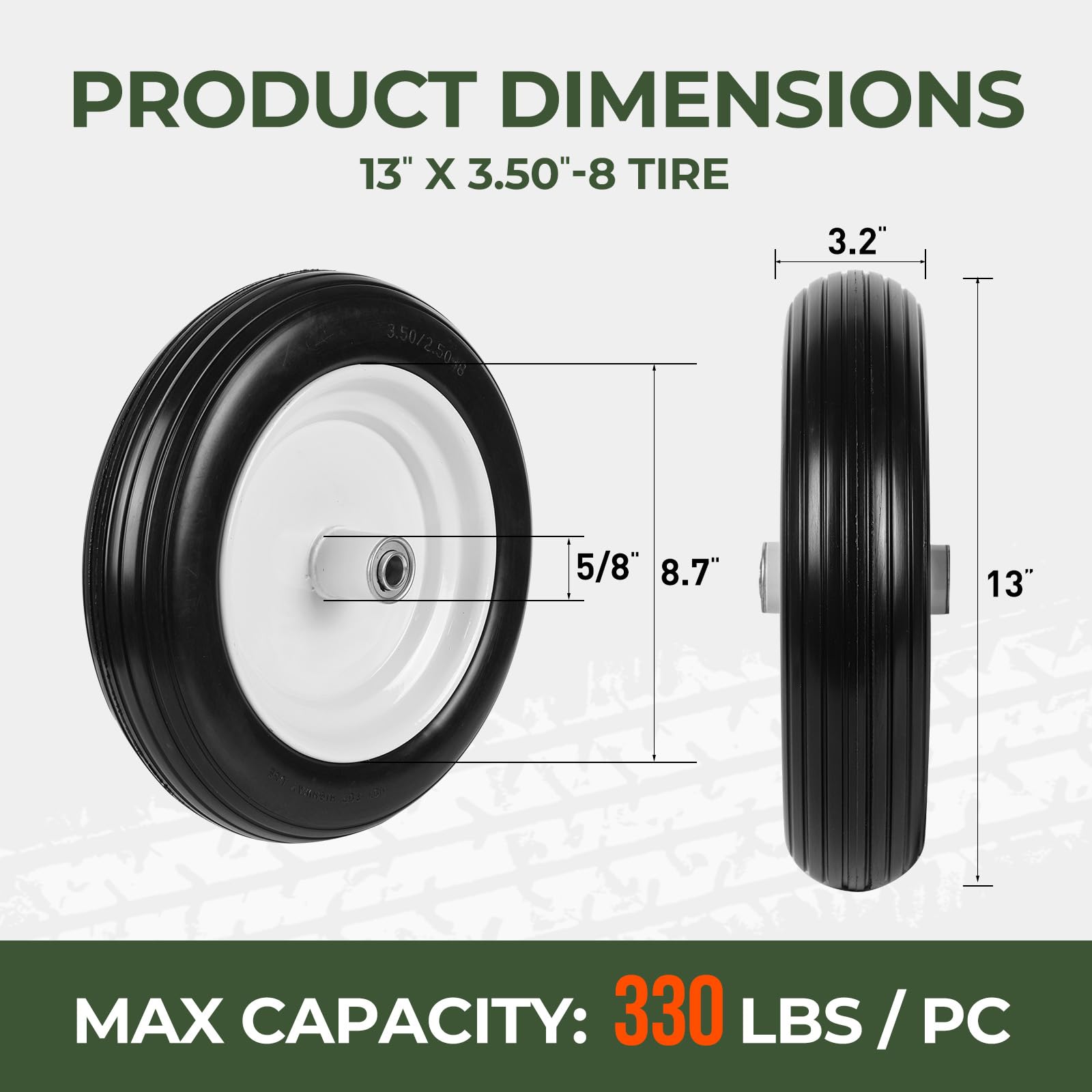 13" 3.50-8" Solid Flat Free Tires and Wheels 2 Pack, Rubber Tire Replacement with 5/8" Axle Bore Hole, Air less Wheel for Hand Truck/Trolley/Garden Cart/Lawn Mower/Wheelbarrow, 2P, Black, 13In