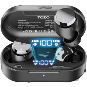 tozo t12 (compact ergonomic edition) wireless earbuds bluetooth 5.3 headphones, call enc noise cancelling mic, 55hrs playtime app customize eq ipx8 waterproof led digital display premium sound headset