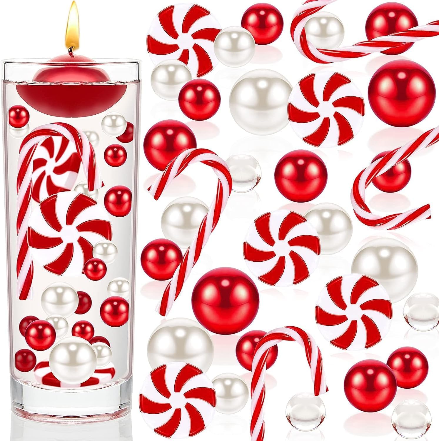 Cqueni Christmas Vase Filler 10091 PCS Red White Floating Pearls Vase Filler Beads Water Beads Candy Cane Christmas Vase Filler for Holiday Party Decor