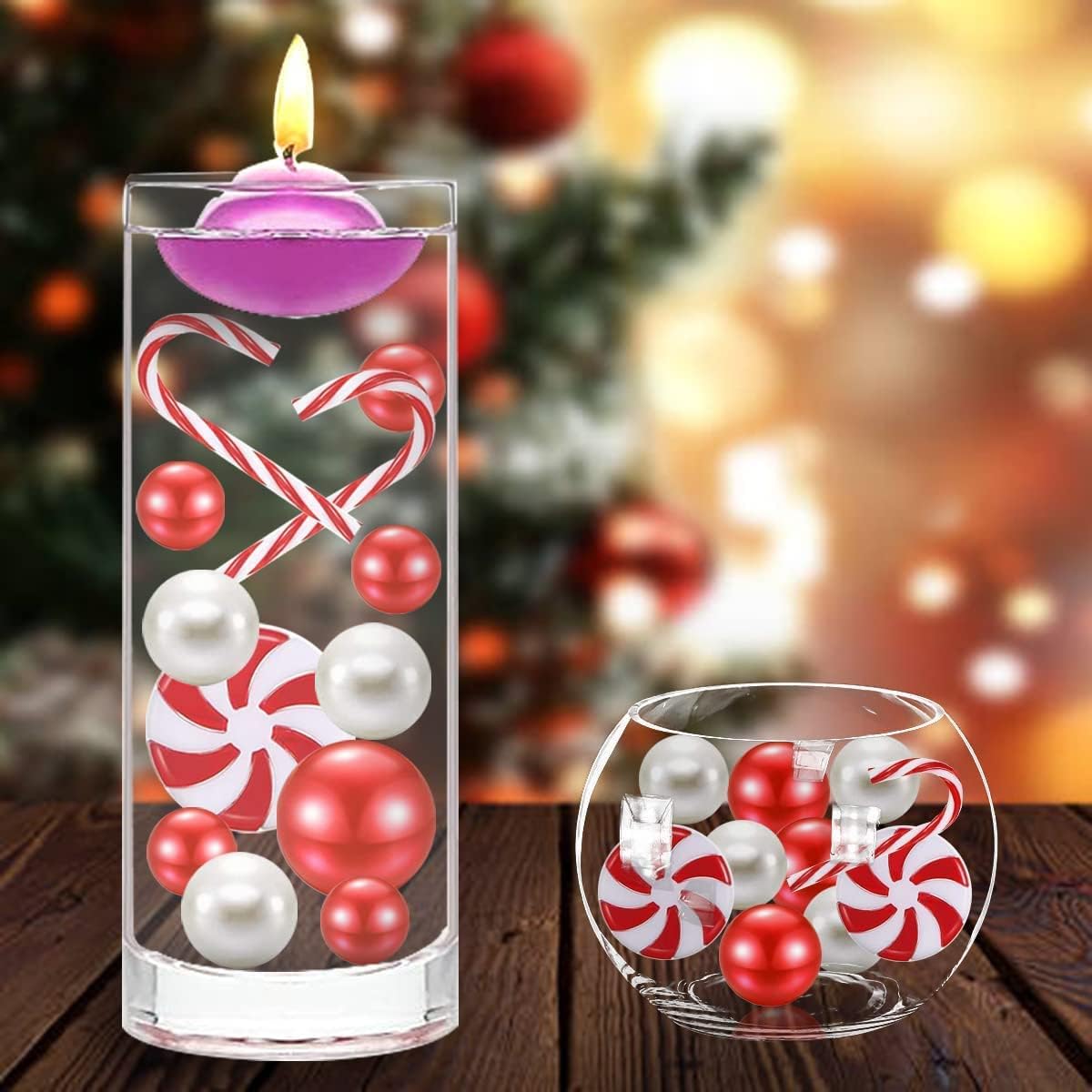 Cqueni Christmas Vase Filler 10091 PCS Red White Floating Pearls Vase Filler Beads Water Beads Candy Cane Christmas Vase Filler for Holiday Party Decor