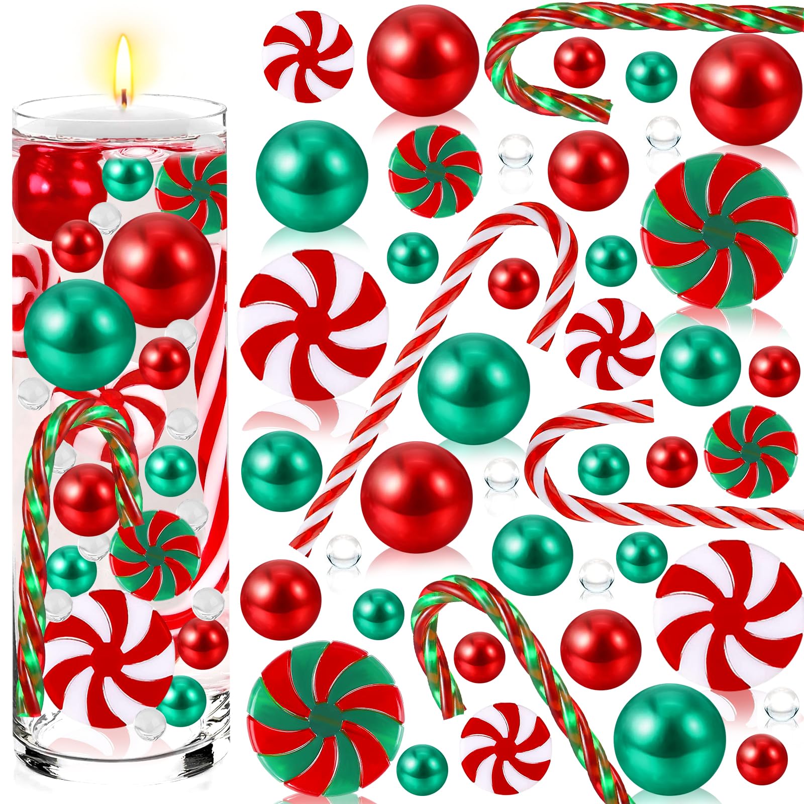 XIMISHOP 7106pcs Christmas Vase Filler,Green Red Candy Cane Vase Filler Floating Pearls Candles Clear Beads Pearl Beads for Christmas Holiday Home Decoration