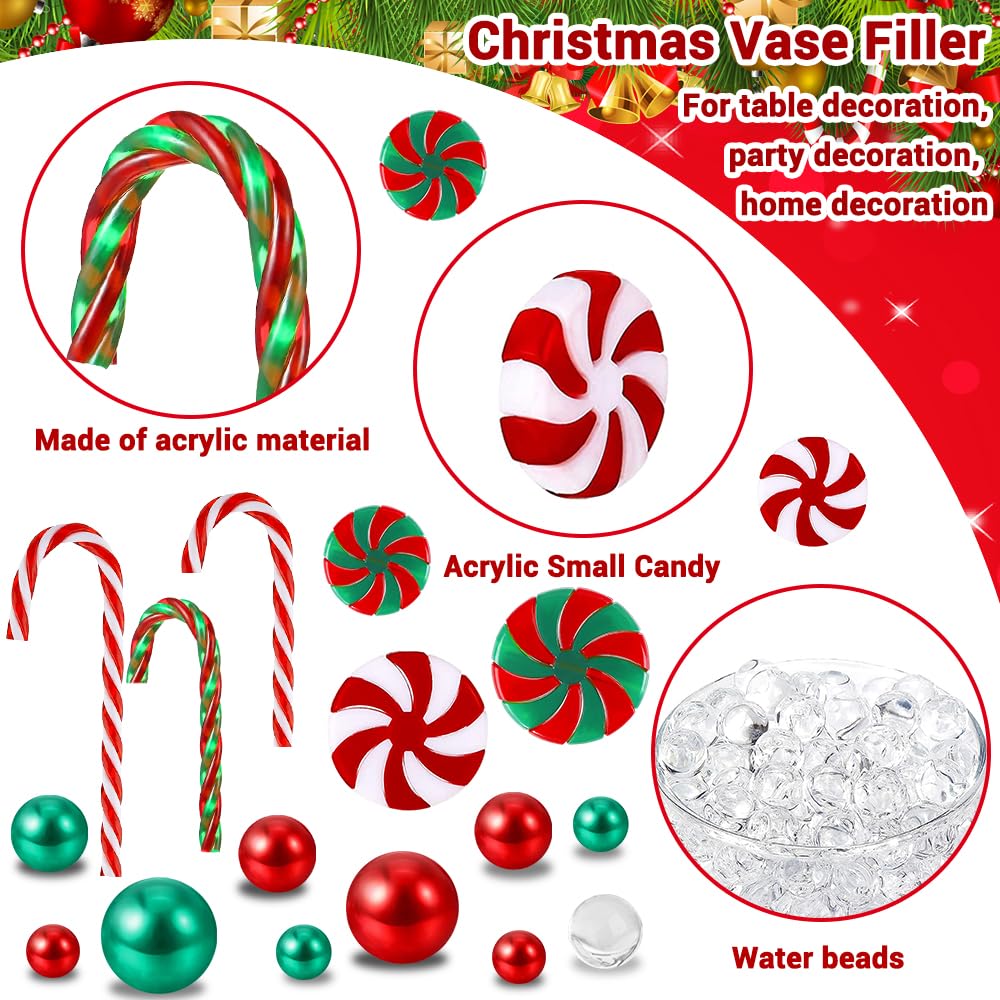 XIMISHOP 7106pcs Christmas Vase Filler,Green Red Candy Cane Vase Filler Floating Pearls Candles Clear Beads Pearl Beads for Christmas Holiday Home Decoration