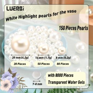 White Floating Pearls | 150PCS White Pearls Bead for Centerpieces Vases, White No Hole Beads | 8/14/20 mm Floating Beads | White Vase Fillers, Vase Filler Pearl Party Decor