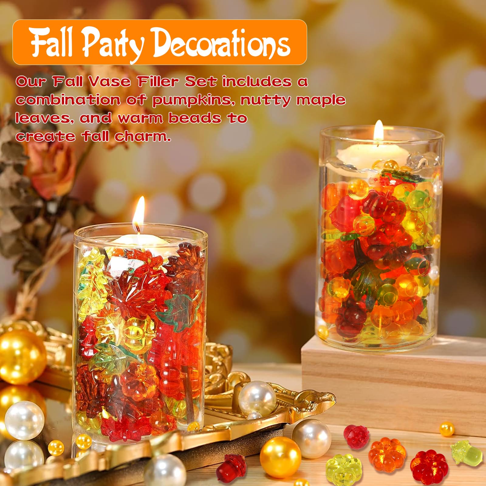 Japior Fall Vase Filler Decorations 90Pcs Acrylic Fall Leaves Pumpkin Marbles Pine Cones 510Pcs Water Beads Decor Centerpiece Table Decorations for Thanksgiving Halloween Autumn