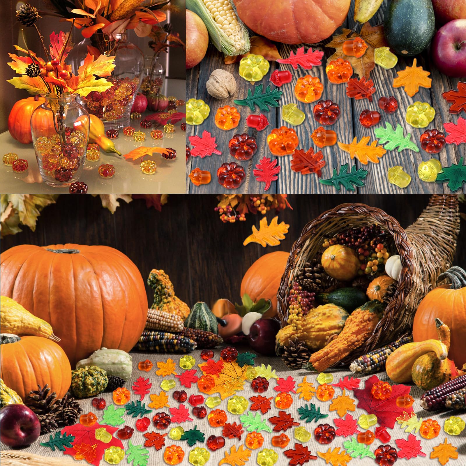 Japior Fall Vase Filler Decorations 90Pcs Acrylic Fall Leaves Pumpkin Marbles Pine Cones 510Pcs Water Beads Decor Centerpiece Table Decorations for Thanksgiving Halloween Autumn