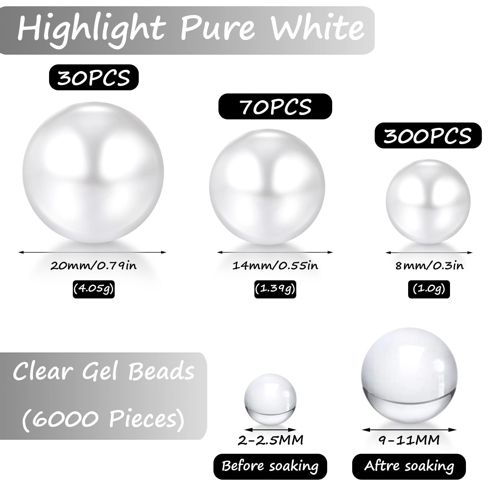 Sureio 6400 Pieces No Hole Pearls for Centerpieces Vase Filler Beads Clear Water Gel Polished Pearls for Home Candle Wedding Birthday Party Table Decor 8/14/20 mm (White)