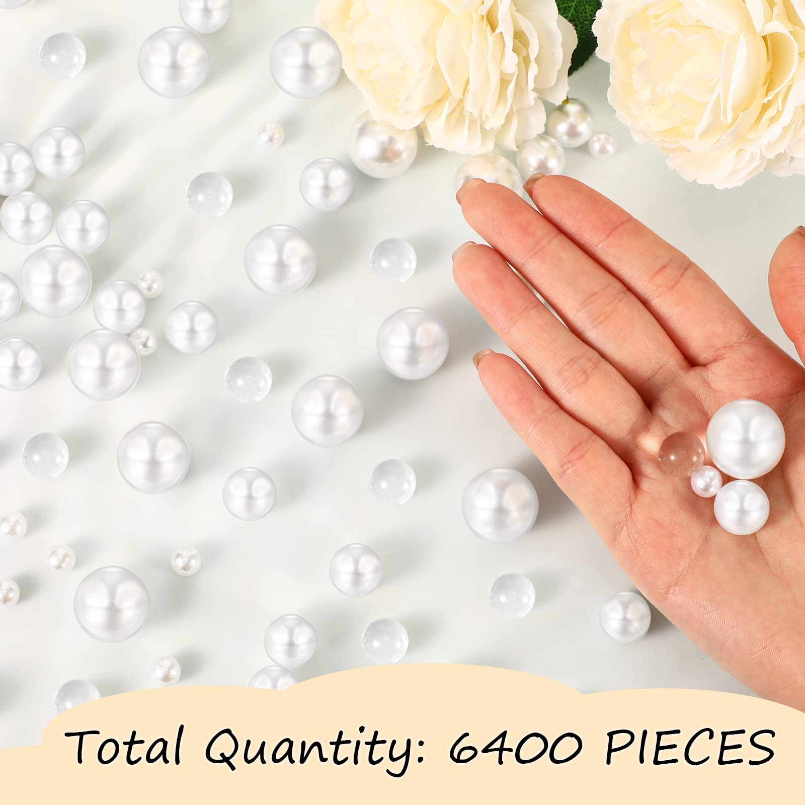 Sureio 6400 Pieces No Hole Pearls for Centerpieces Vase Filler Beads Clear Water Gel Polished Pearls for Home Candle Wedding Birthday Party Table Decor 8/14/20 mm (White)