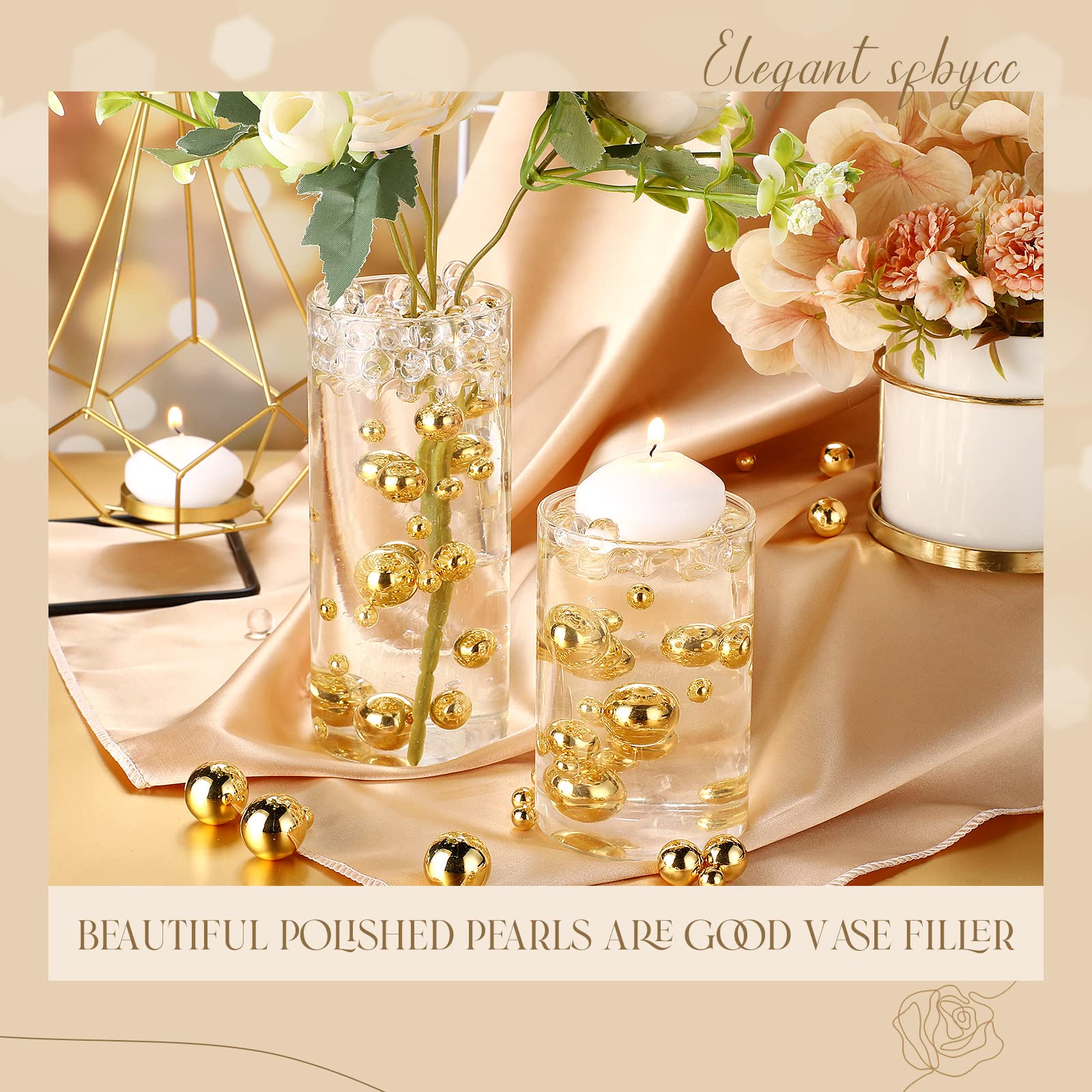 Fumete 10162 Pcs Suspending Candles for Centerpieces Transparent Water Gel Beads for Vases Pearl Beads for Vase Filler Wedding Valentine Galentine Party Floral Decorations(Gold)