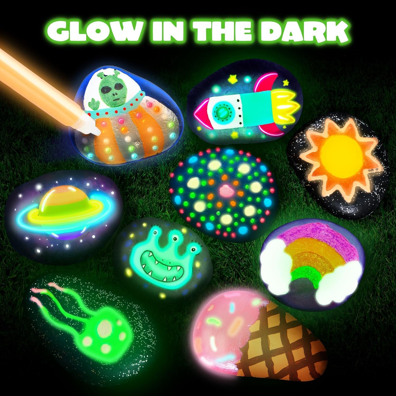 JOYIN 12 Rock Painting Kit- Glow in The Dark Rock Kit, Arts and Crafts for Kids Ages 6-12, Art Supplies, Kids Craft Paint Kits, Arts & Crafts Toy for Boys Girls Birthday Party Gift