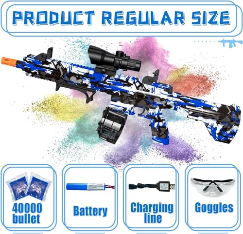 Electric Gel Ball Blaster, High Speed Automatic Splatter Ball Blaster with 40000+ and Goggles, JIFTOK Rechargeable Splatter Ball Toys for Outdoor Activities Shooting Game Party Favors-Blue