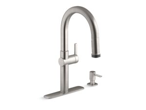 kohler r22153-sd-vs rune single handle kitchen faucet with pull down sprayer and soap dispenser, vibrant stainless