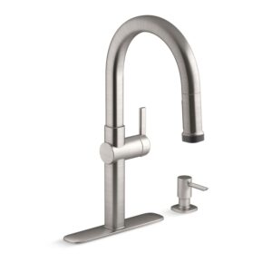 Kohler R22153-SD-VS Rune Single Handle Kitchen Faucet with Pull Down Sprayer and Soap Dispenser, Vibrant Stainless