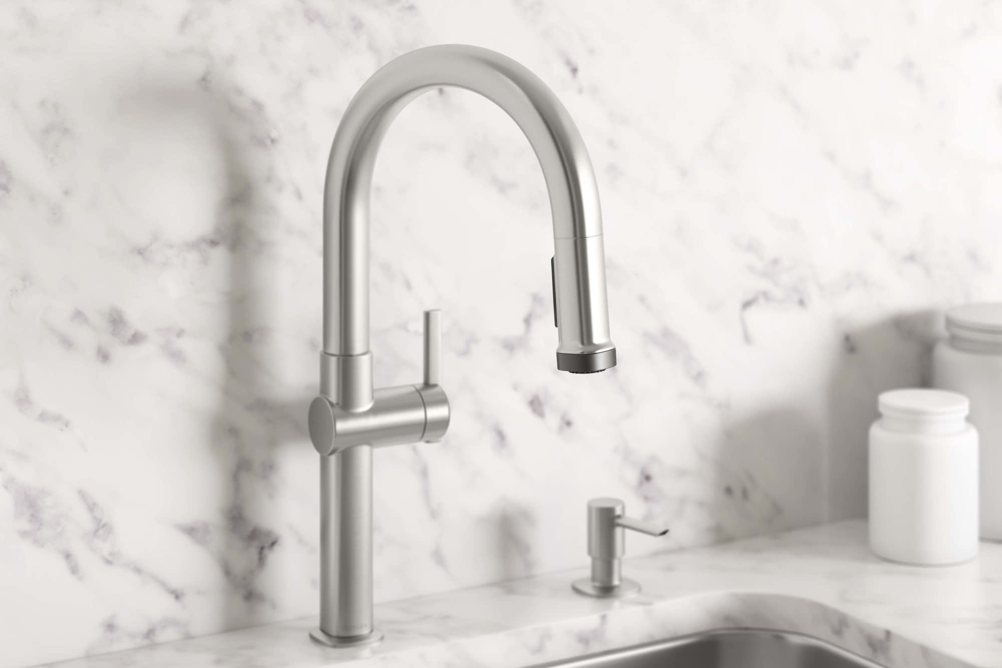 Kohler R22153-SD-VS Rune Single Handle Kitchen Faucet with Pull Down Sprayer and Soap Dispenser, Vibrant Stainless