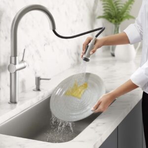 Kohler R22153-SD-VS Rune Single Handle Kitchen Faucet with Pull Down Sprayer and Soap Dispenser, Vibrant Stainless