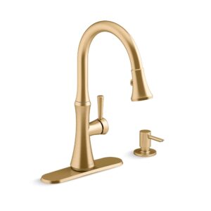 kohler r28706-sd-2mb kaori single handle kitchen faucet with pull down sprayer and soap dispenser, vibrant brushed moderne brass