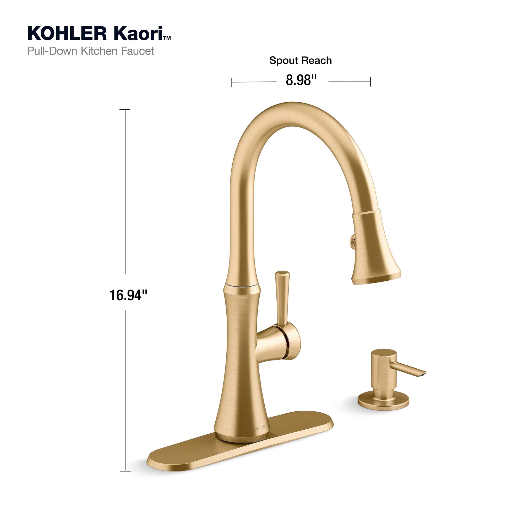 Kohler R28706-SD-2MB Kaori Single Handle Kitchen Faucet with Pull Down Sprayer and Soap Dispenser, Vibrant Brushed Moderne Brass