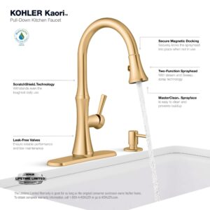 Kohler R28706-SD-2MB Kaori Single Handle Kitchen Faucet with Pull Down Sprayer and Soap Dispenser, Vibrant Brushed Moderne Brass