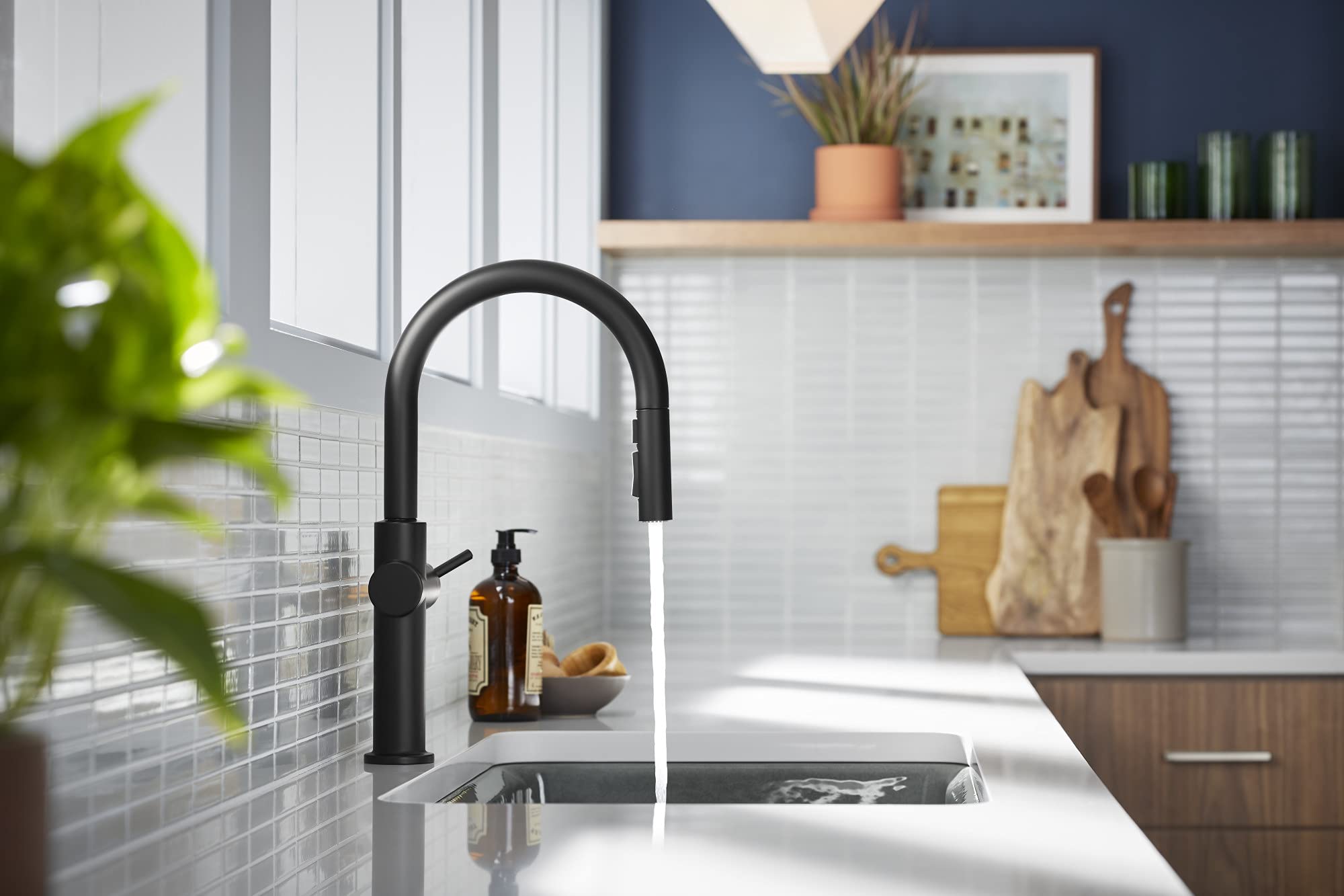 KOHLER 22972-BL Crue Pull Down Kitchen Faucet, Kitchen Sink Faucet with Pull-Down Sprayer, Pull-Down Kitchen Sink Faucet with Multi Function Spray Head, Matte Black