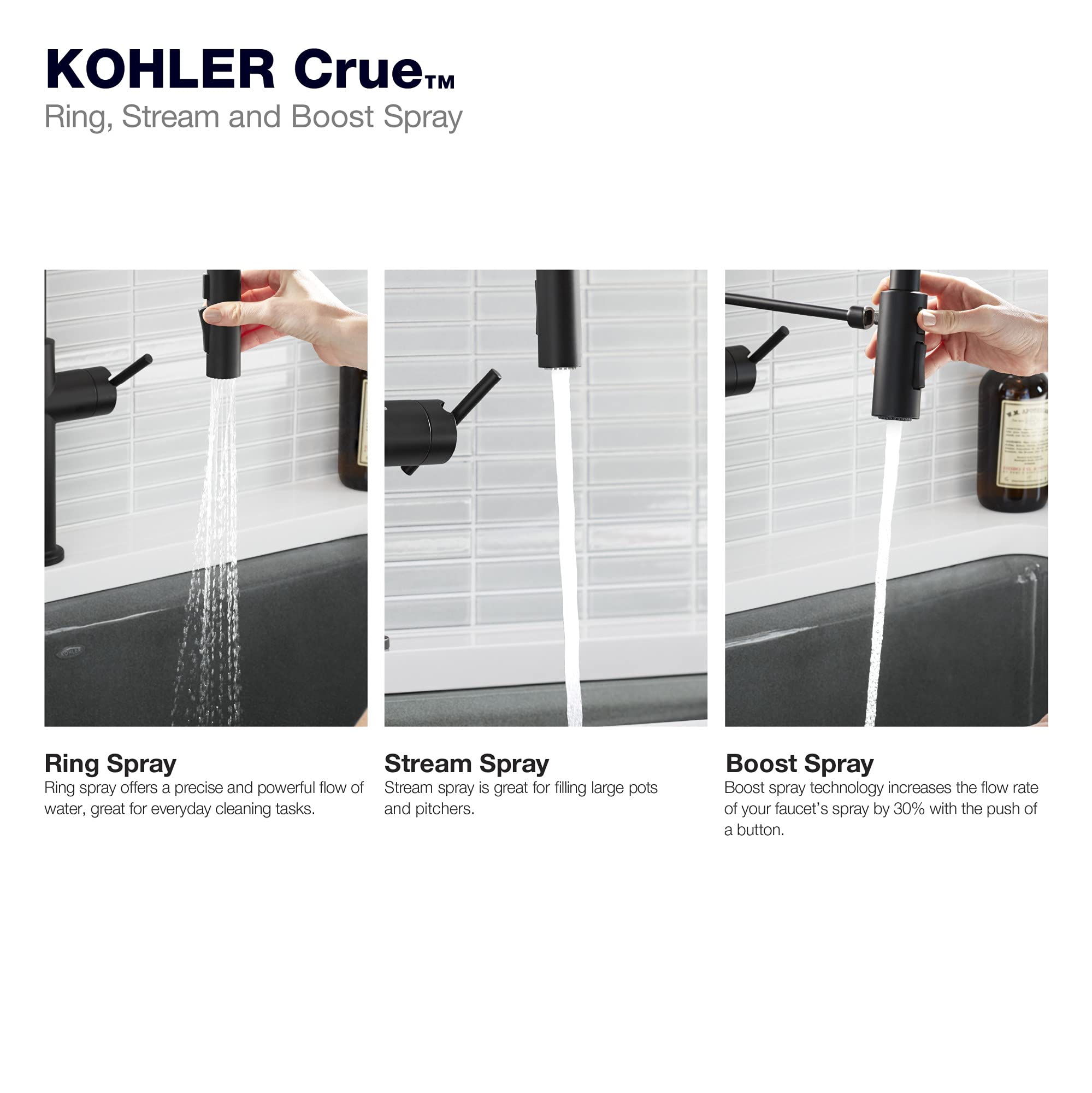 KOHLER 22972-BL Crue Pull Down Kitchen Faucet, Kitchen Sink Faucet with Pull-Down Sprayer, Pull-Down Kitchen Sink Faucet with Multi Function Spray Head, Matte Black