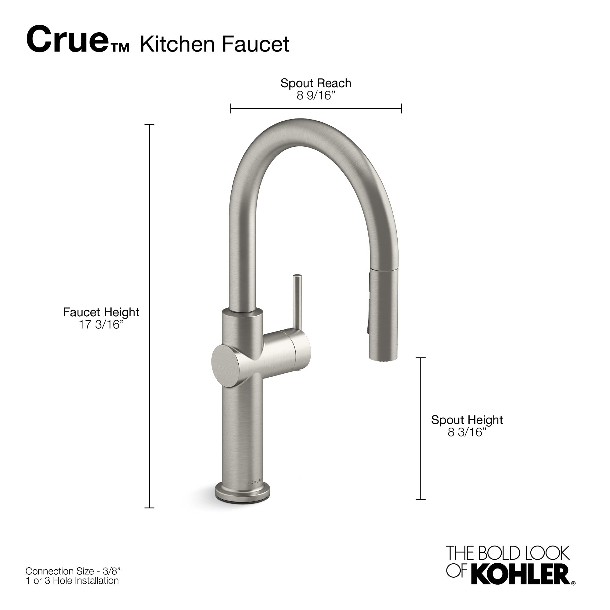 KOHLER 22972-BL Crue Pull Down Kitchen Faucet, Kitchen Sink Faucet with Pull-Down Sprayer, Pull-Down Kitchen Sink Faucet with Multi Function Spray Head, Matte Black