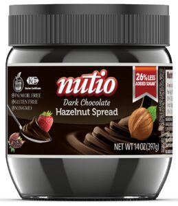 nutio dark chocolate hazelnut spread - 26% less added sugar, palm oil free, gluten free, non-gmo - 14 oz glass jar