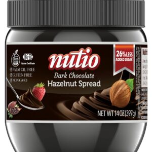 Nutio Dark Chocolate Hazelnut Spread - 26% Less Added Sugar, Palm Oil Free, Gluten Free, Non-GMO - 14 oz Glass Jar