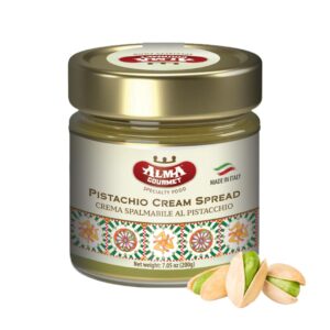 alma gourmet sicilian pistachio cream spread - pistachio spreadable cream imported from italy - ideal to spread on bread, biscuits, waffles, pancakes, croissant, cookies, muffins and crepes - perfect to garnish ice cream, frappé, cakes and cheesecakes - 7