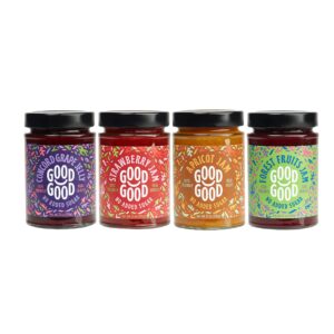 good good no added sugar fruit jam variety pack of 4 - keto friendly jelly - concord, strawberry, apricot and forest fruit jams - low calorie, low carb and vegan - 12oz / 330g jars