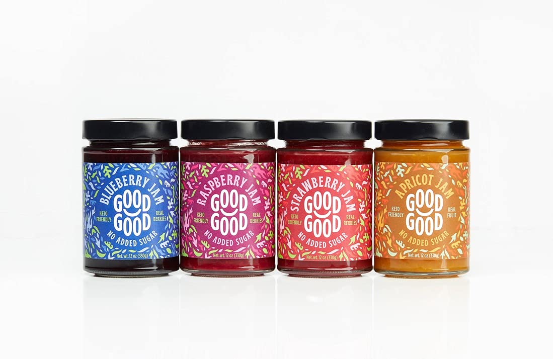 GOOD GOOD No Added Sugar Fruit Jam Variety Pack of 4 - Keto Friendly Jelly - Blueberry, Raspberry, Strawberry and Apricot Jam - Low Carb, Low-Calorie and Vegan - 12oz / 330g Jars