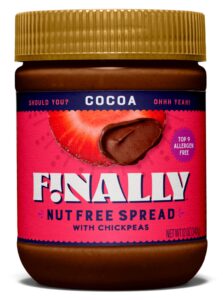 finally! chocolate spread | free of top 9 allergens | indulgent chocolate treat spread | #1 ingredient: superfood chickpeas! | nut free | 100% plant based | school safe | gluten free | soy free | tasty treat healthy snack | 3g protein | vegan | 12 oz