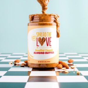 Spread The Love UNSALTED CRUNCH Almond Butter, 16 Ounce, All Natural, Vegan, Gluten Free, Creamy, No Added Salt or Sugar, No Palm Fruit Oil, Not Pasteurized with PPO, Made in California