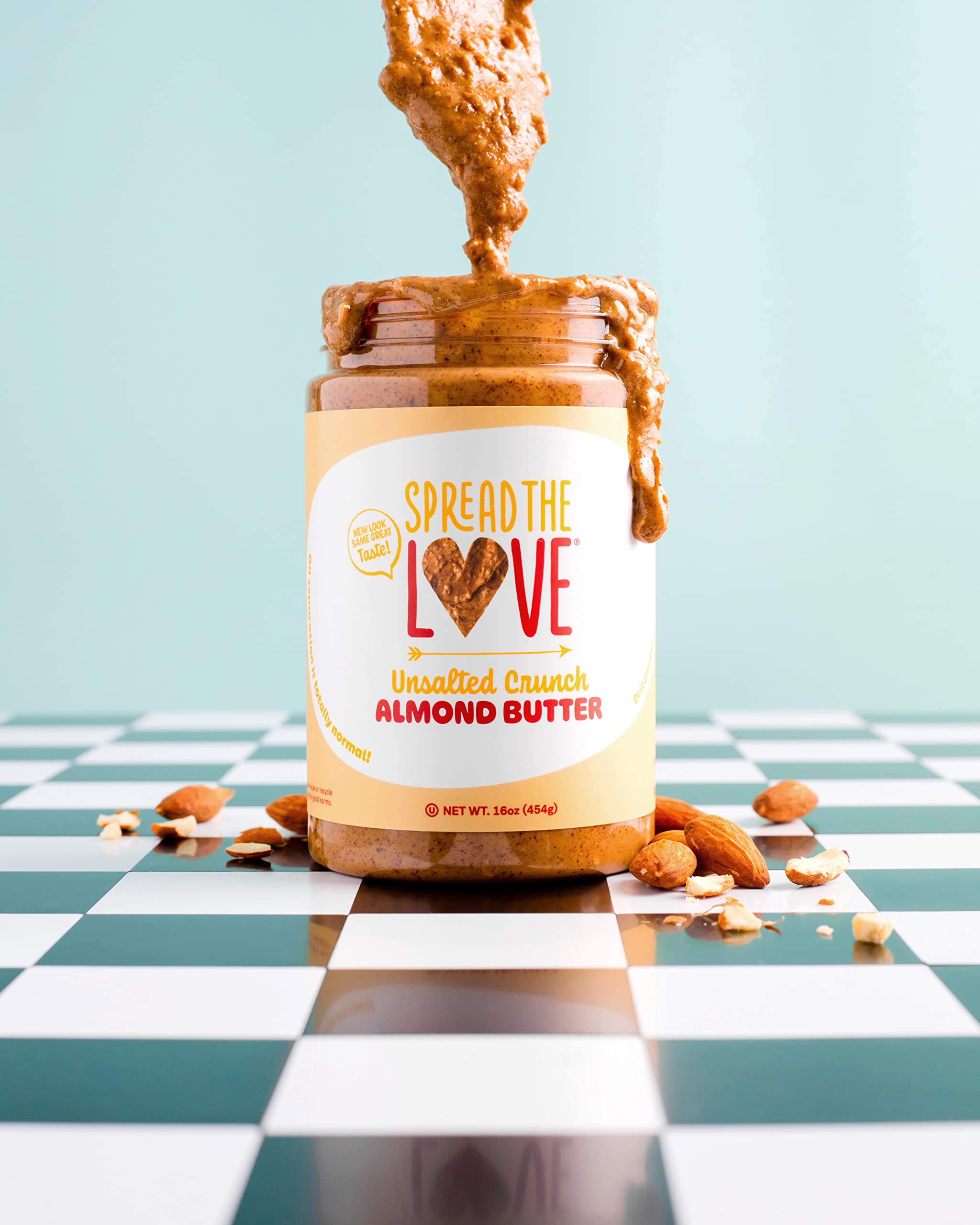 Spread The Love UNSALTED CRUNCH Almond Butter, 16 Ounce, All Natural, Vegan, Gluten Free, Creamy, No Added Salt or Sugar, No Palm Fruit Oil, Not Pasteurized with PPO, Made in California