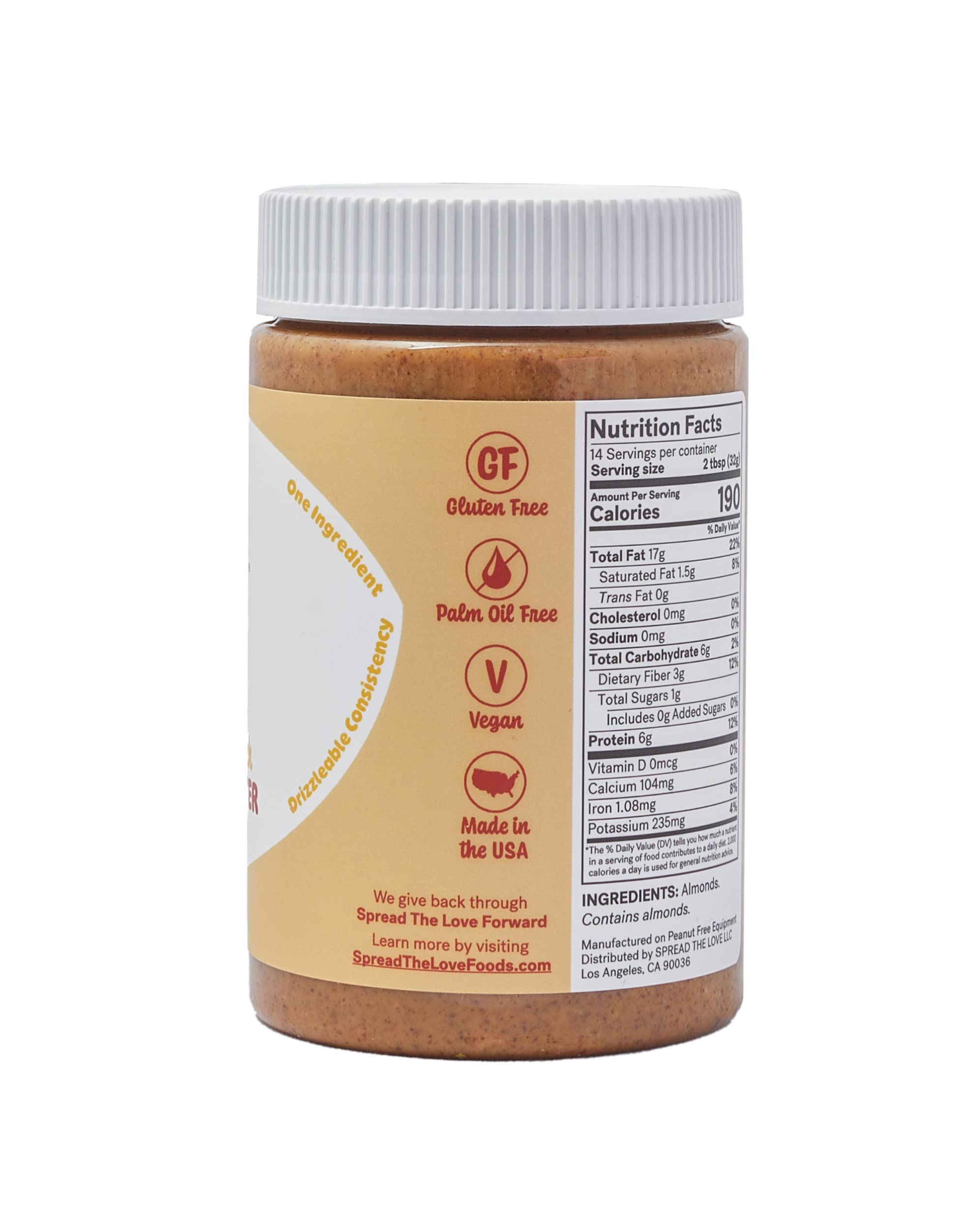 Spread The Love UNSALTED CRUNCH Almond Butter, 16 Ounce, All Natural, Vegan, Gluten Free, Creamy, No Added Salt or Sugar, No Palm Fruit Oil, Not Pasteurized with PPO, Made in California