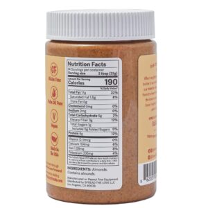 Spread The Love UNSALTED CRUNCH Almond Butter, 16 Ounce, All Natural, Vegan, Gluten Free, Creamy, No Added Salt or Sugar, No Palm Fruit Oil, Not Pasteurized with PPO, Made in California