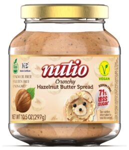 nutio crunchy hazelnut butter spread - 77% hazelnut, 71% less sugar, low carb, keto friendly, vegan, palm oil free, gluten free, non-gmo, sodium free, cocoa free - 10.5 oz glass jar