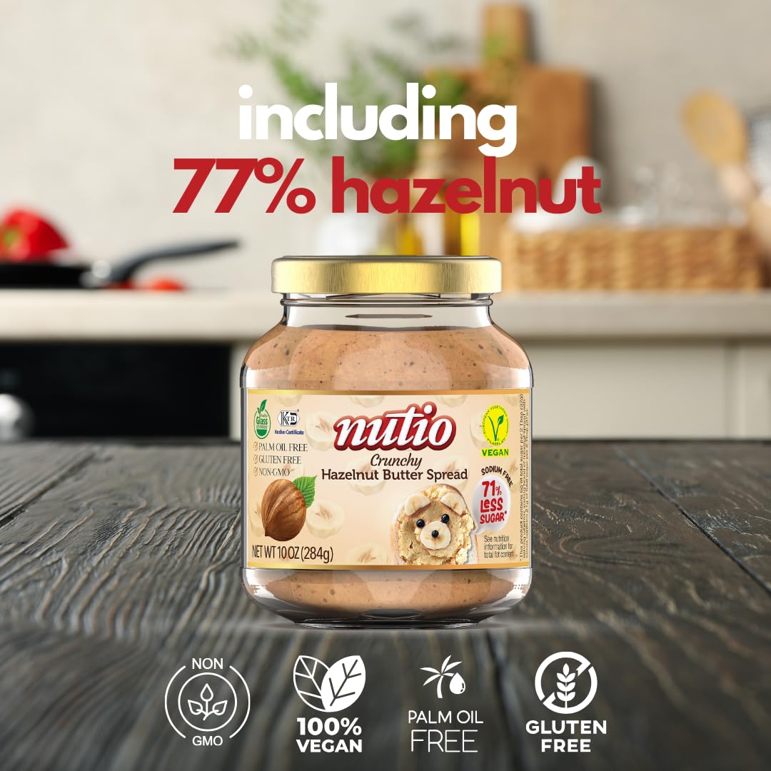 Nutio Crunchy Hazelnut Butter Spread - 77% Hazelnut, 71% Less Sugar, Low Carb, Keto Friendly, Vegan, Palm Oil Free, Gluten Free, Non-GMO, Sodium Free, Cocoa Free - 10.5 oz Glass Jar