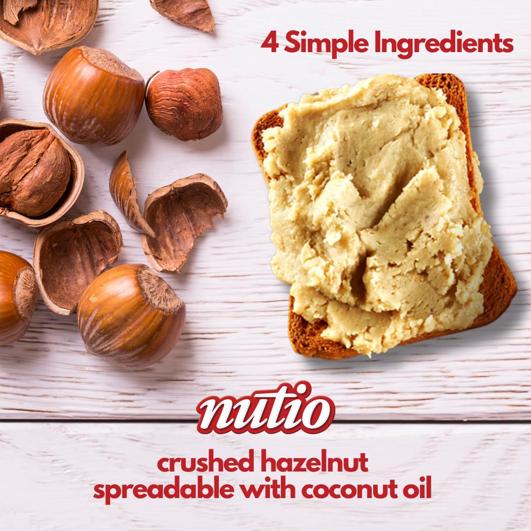 Nutio Crunchy Hazelnut Butter Spread - 77% Hazelnut, 71% Less Sugar, Low Carb, Keto Friendly, Vegan, Palm Oil Free, Gluten Free, Non-GMO, Sodium Free, Cocoa Free - 10.5 oz Glass Jar