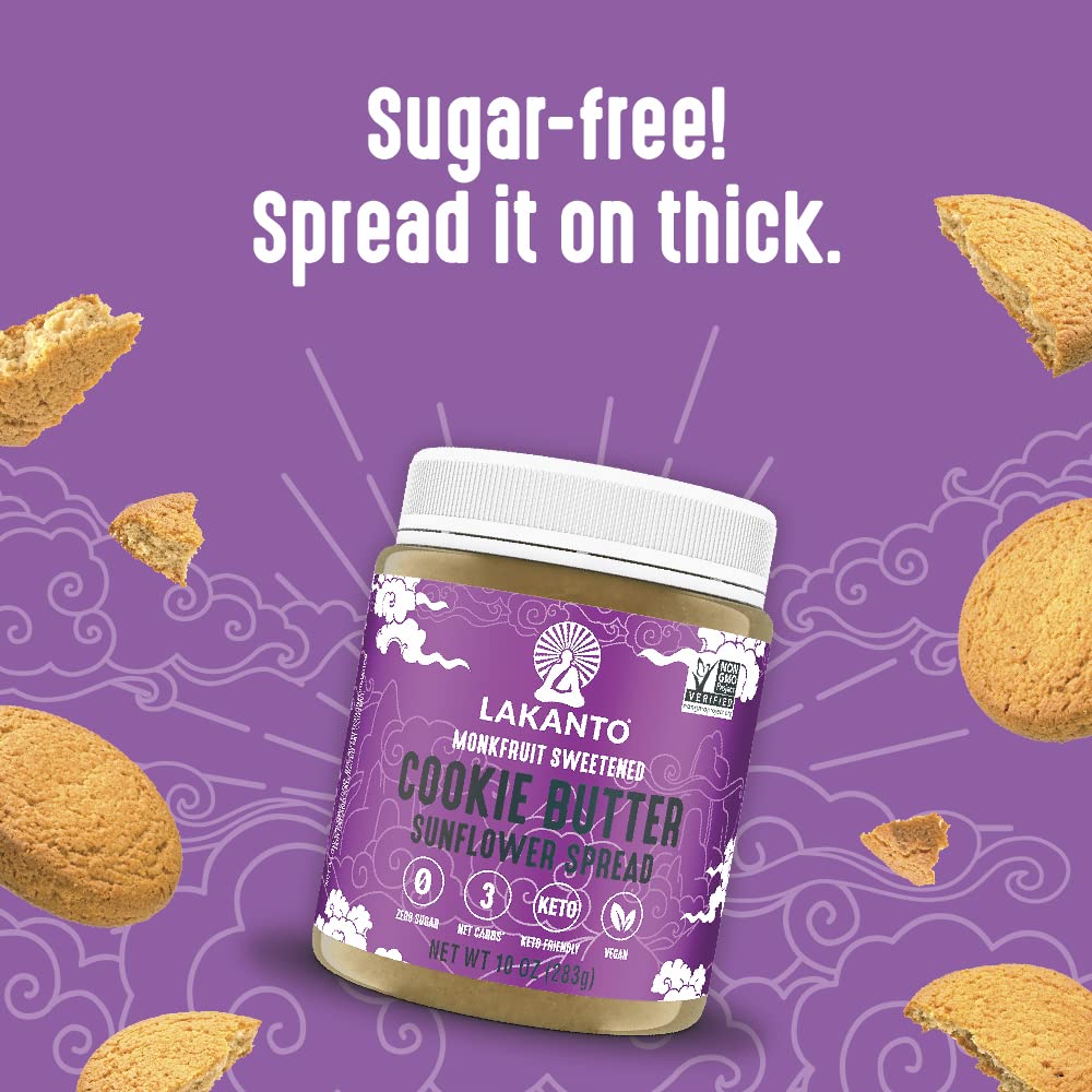 Lakanto Sugar Free Cookie Butter Sunflower Spread - Sweetened with Monk Fruit Sweetener, Keto Diet Friendly, 3 Net Carbs, Vegan, Non GMO, Sandwiches, Toast, Smoothies, Cereal, Oatmeal, More - 10 oz