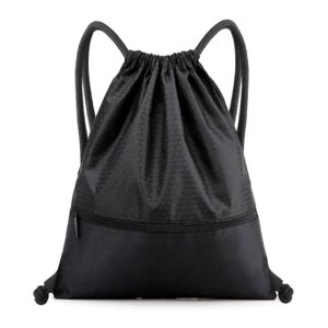 drawstring backpack bag, waterproof draw string back sack with zip pocket, gym drawstring bags swim bag for men women (black, upgraded) one size