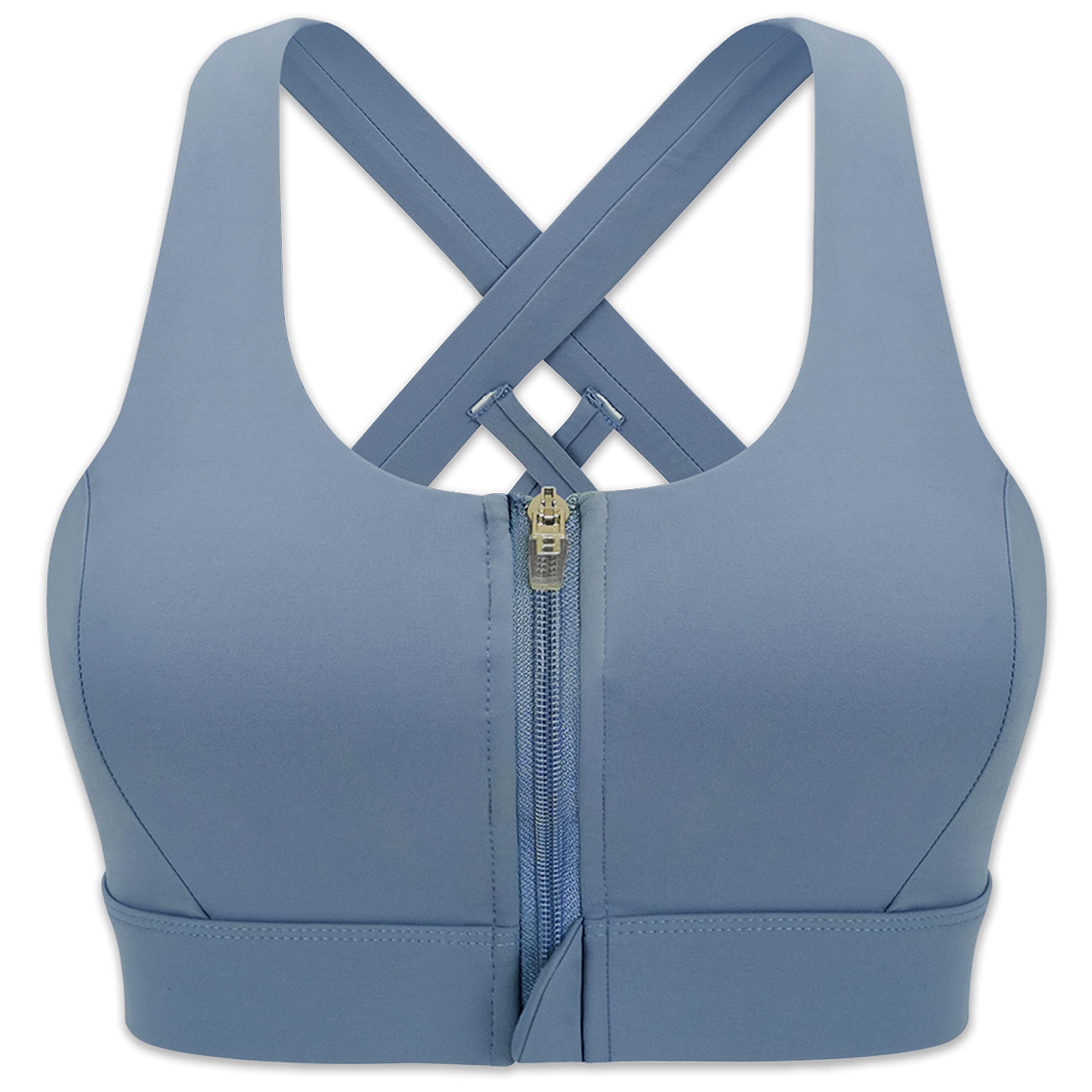 Cordaw Zipper in Front Sports Bra High Impact Strappy Back Support Workout Top, Blue Large