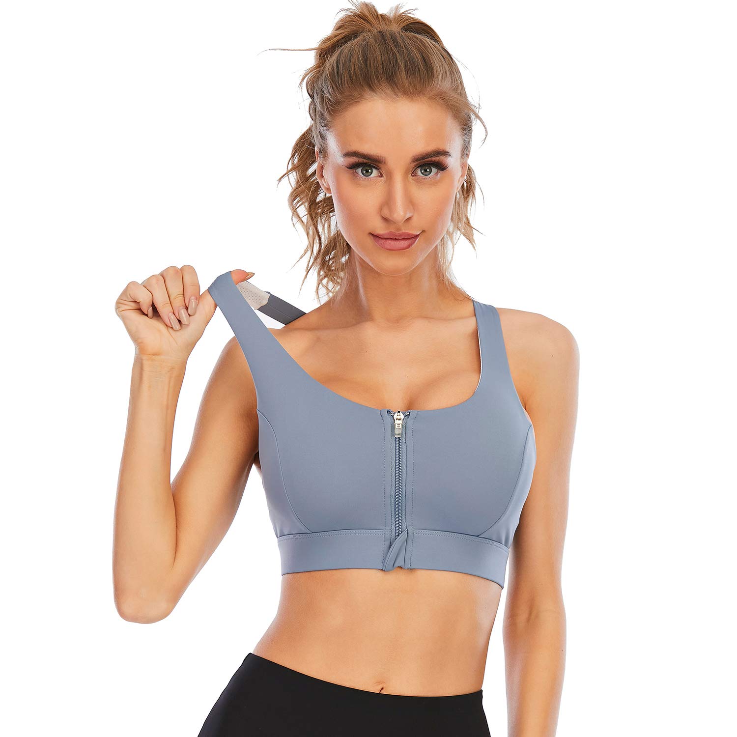 Cordaw Zipper in Front Sports Bra High Impact Strappy Back Support Workout Top, Blue Large