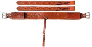 showman 3" wide acorn tooled leather back cinch w/roller buckles