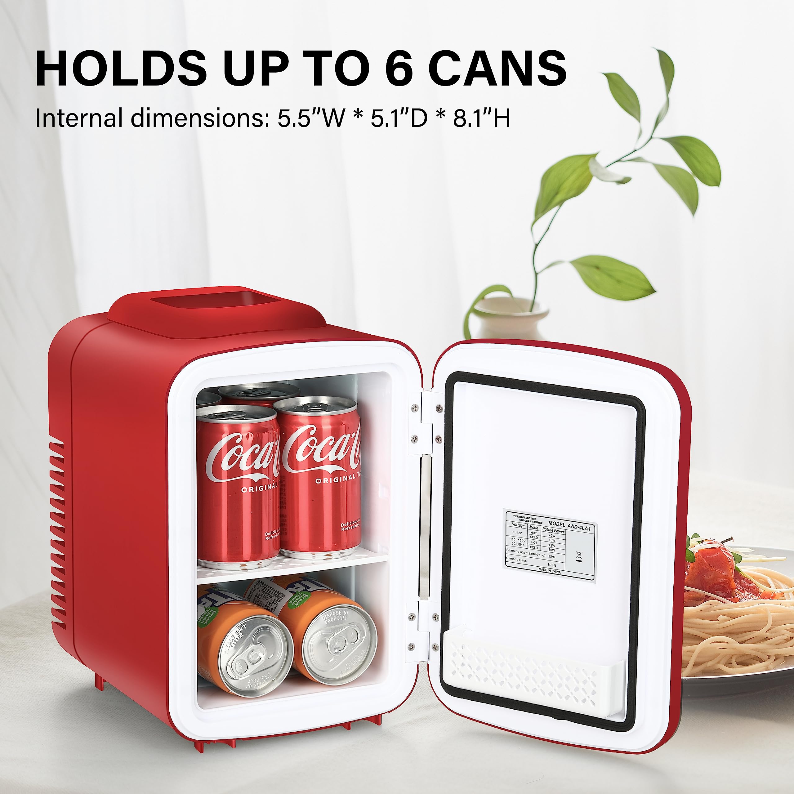 YSSOA 4L Mini Fridge with 12V DC and 110V AC Cords, 6 Can Portable Cooler & Warmer Compact Refrigerators for Food, Drinks, SkinCare, Office Desk, Red