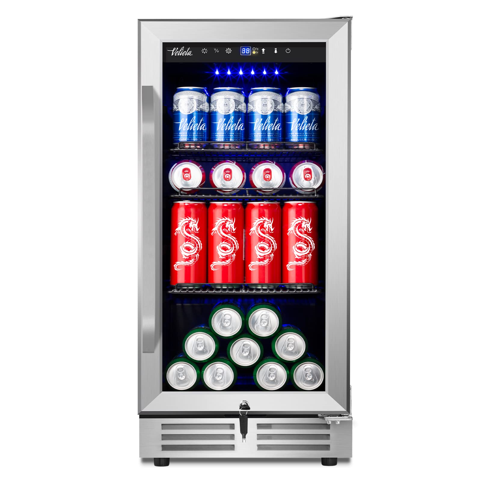 Velieta 15'' Beverage Refrigerator and Beer Fridge Under Counter Built-in or Freestanding,127 Cans Beverage Cooler with Glass Door and Lock for Bottles and Cans Beer/Soda/Water/Wine