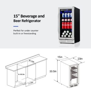 Velieta 15'' Beverage Refrigerator and Beer Fridge Under Counter Built-in or Freestanding,127 Cans Beverage Cooler with Glass Door and Lock for Bottles and Cans Beer/Soda/Water/Wine