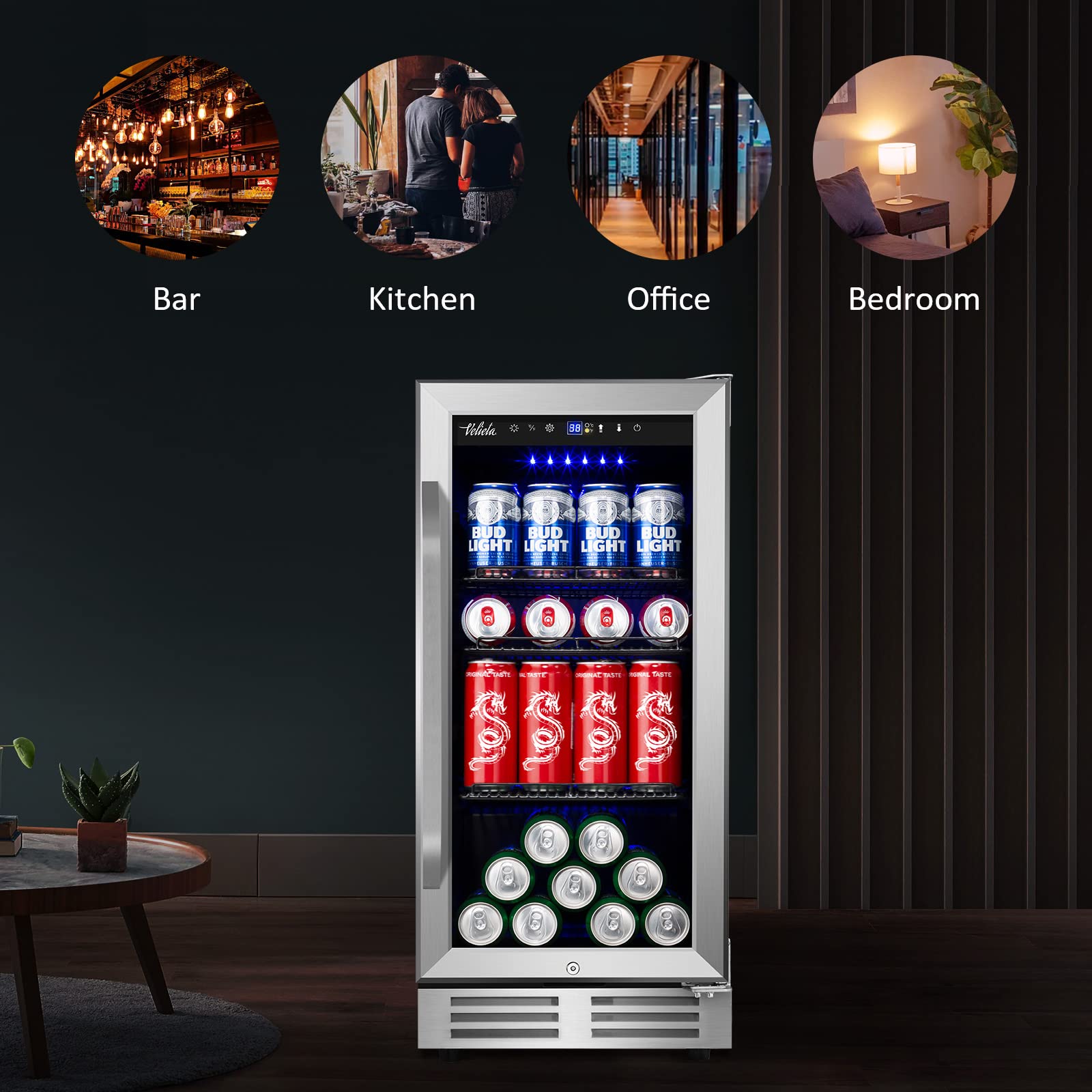 Velieta 15'' Beverage Refrigerator and Beer Fridge Under Counter Built-in or Freestanding,127 Cans Beverage Cooler with Glass Door and Lock for Bottles and Cans Beer/Soda/Water/Wine